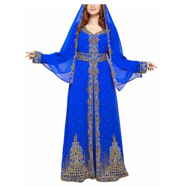 Buy Royal Blue Moroccan Kaftan – Gold Embroidered Elegant Abaya with ...